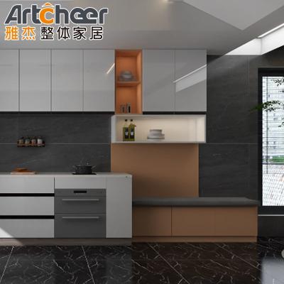 China High Gloss Lacquer Finish Kitchen Set Cabinet with Full Set Tall Cabinet and Island Table for sale