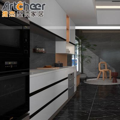 China High Gloss Lacquer Finish Kitchen Set Cabinet with Full Set Tall Cabinet and Island Table for sale