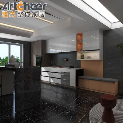 China High Gloss Lacquer Finish Kitchen Set Cabinet with Full Set Tall Cabinet and Island Table for sale