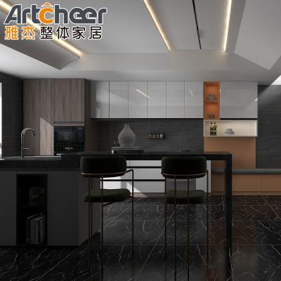 China High Gloss Lacquer Finish Kitchen Set Cabinet with Full Set Tall Cabinet and Island Table for sale