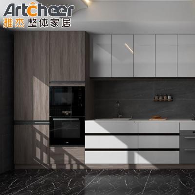 China High Gloss Lacquer Finish Kitchen Set Cabinet with Full Set Tall Cabinet and Island Table for sale