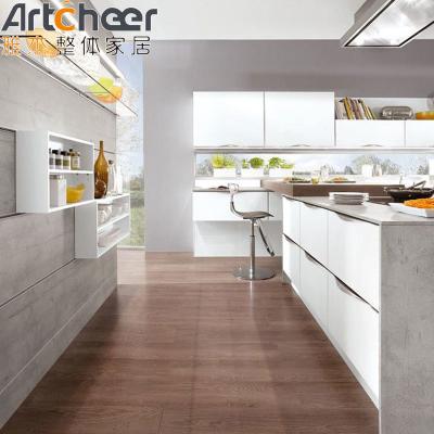 China White Solid Wood L Shape Kitchen Cabinets with WPC Pantry Storage Design Concept for sale