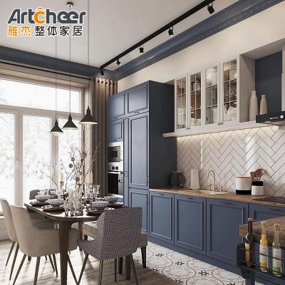 China Modern Dark Blue Sectional Design Kitchen Cabinet with Gold Handles and Shaker Door for sale