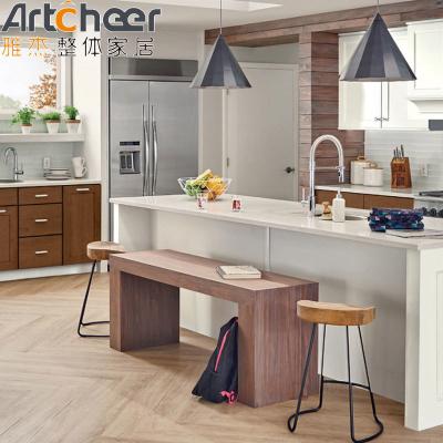 China Solid Wood Kitchen Cabinets with Rustic Design and Center Island Table for Modern Kitchens for sale