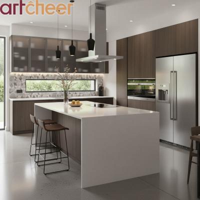 China Modern UV High Gloss Kitchen Cabinet with Quartz Stone Island and Eco-Friendly Material for sale