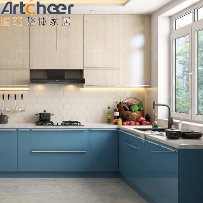 China Custom Light Blue Color Luxury Swing Doors L Shape Kitchen Cabinet with 5 Year Warranty for sale