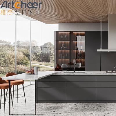 China Italian Design L Shape Kitchen Cabinet with Dark Grey Color and White Stone Top for sale