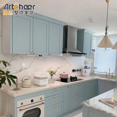 China Ready to Assemble Shaker Design Light Blue L Shape Kitchen Cabinet Modular Kitchen Cabinet for sale