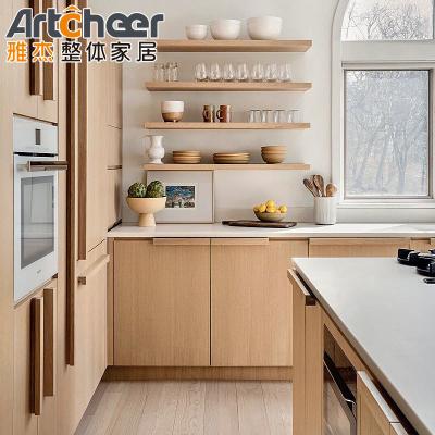 China Modern Design L Shape Cabinet with Solid Maple Wood Veneer and White Quartz Stone Table Top for sale