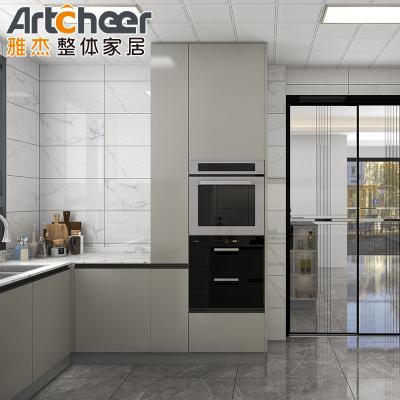 China Modern L Shape Kitchen Cabinet with Resin Artificial Marble Wood Frame and Drawer Basket for sale