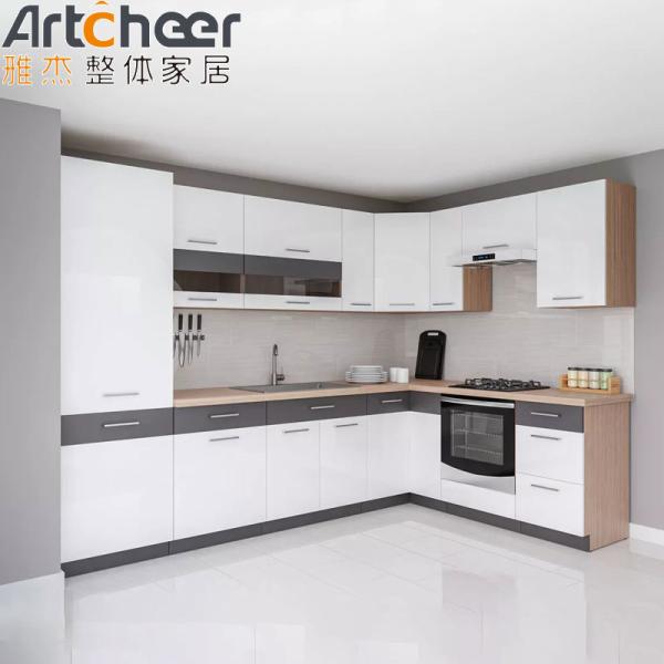 Quality Modern L Shape Kitchen Cabinet with High Gloss Lacquer Finish Plywood Carcass and Steel Mounted Island for sale