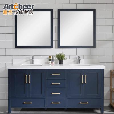 China Blue Color Solid Wood Bathroom Vanity Cabinet with Double Basin and Vanity Mirror for sale