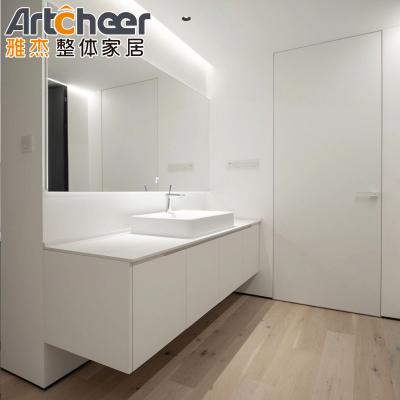 China Custom Size Water Resistant Soft Closing Bathroom Vanity Combo with LED Mirror and Ceramic Basin for sale
