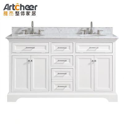 China Modern Luxury Design Two Sink Quartz Stone Table Top Bathroom Vanity Combo for sale