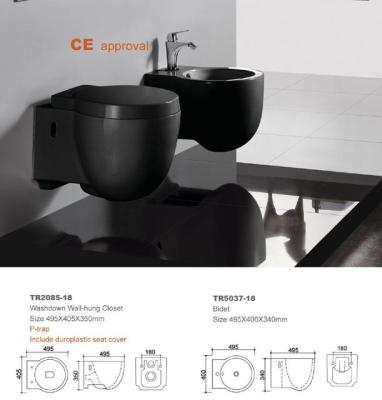 China Rimless Wall Hung Toilet Matt Black white color with UF solft close seat cover quotations for sale
