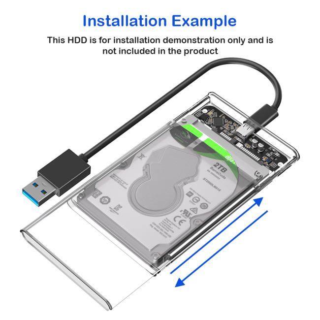Top view of transparent HDD enclosure showing internal components
