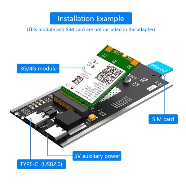 NGFF M.2 Clavier-B à module sans fil USB de type C Adaptateur de carte SIM Fente 2 Antennes + étui de protection pour modem GSM 3G 4G LTE WWAN