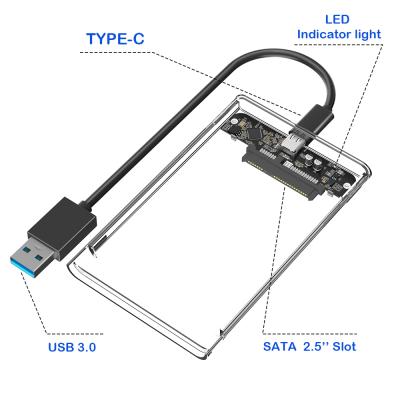 China USB 3.0 Typ-C 2,5-Zoll-SATA-HDD-Gehäuse mit transparenten Gehäuse zu verkaufen