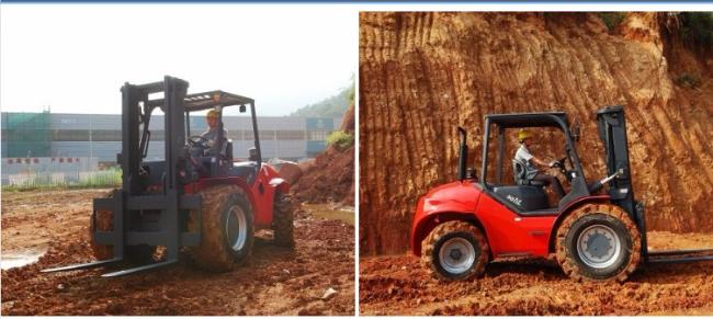 Forklift operating in muddy terrain