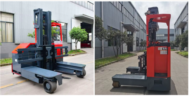 Side view of multidirectional forklift showing compact design