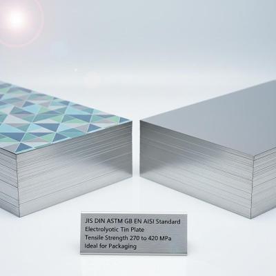 China JIS DIN ASTM GB EN AISI Standard Electrolytic Tin Plate Tensile Strength 270 to 420 MPa Outside Printed or Plain Ideal for Packaging for sale