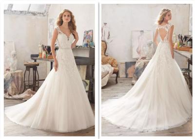 China V - Neck A Line Style Wedding Dresses With Appliques Cathedral Train for sale
