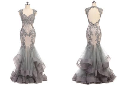 China Appliqued Off Shoulder Gray Prom Dresses / Embroidered Simple Prom Dresses for sale