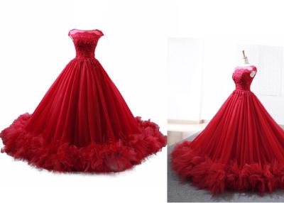China Fashion Embroidered Red Prom Dress / Tulle Big Tail Beautiful Prom Dresses for sale