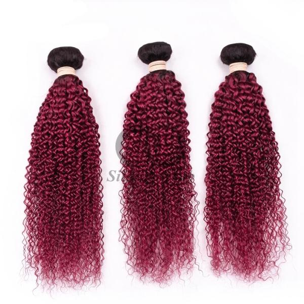 Quality #T1B/Burgundy Kinky Curly Remy Human Hair Bundles Sew In Weave Bundles Brazilian Bundle Deals for sale