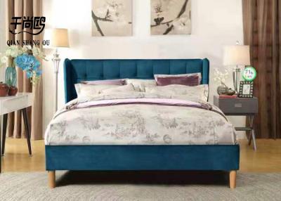 China Newest double size square stitched wing back tufted headboard fabric upholstered platform bed for sale