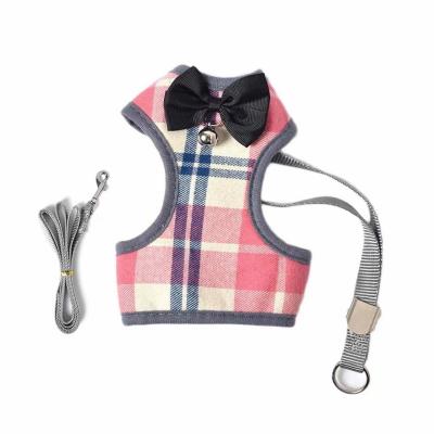 China Bowtie Cat Dog Harness Vest British Style Plaid Hareness Breathable Mesh Padded for sale