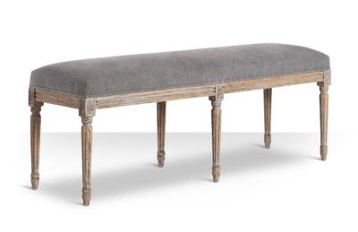 China french style vintage solid oak rustic wooden bedroom long bench with linen fabric for event and wedding for sale
