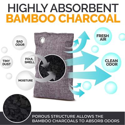 Cina OEM LOGO Sacchetto per la purificazione dell'aria in bambù attivato con carbone da legna Assorbente odore 10x100g con ganci in vendita
