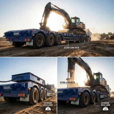 China Semi Lowbed Trailer 60t 3 Axle Low Bed Trailer Pull Containers Suitable for Pulling Construction Machinery and Excavators for sale