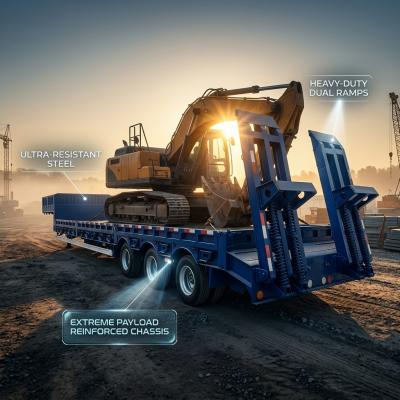 China 80Tons Lowbed Semi Trailer Transport 80000kgs 4 Axle Low Bed Trailer for sale