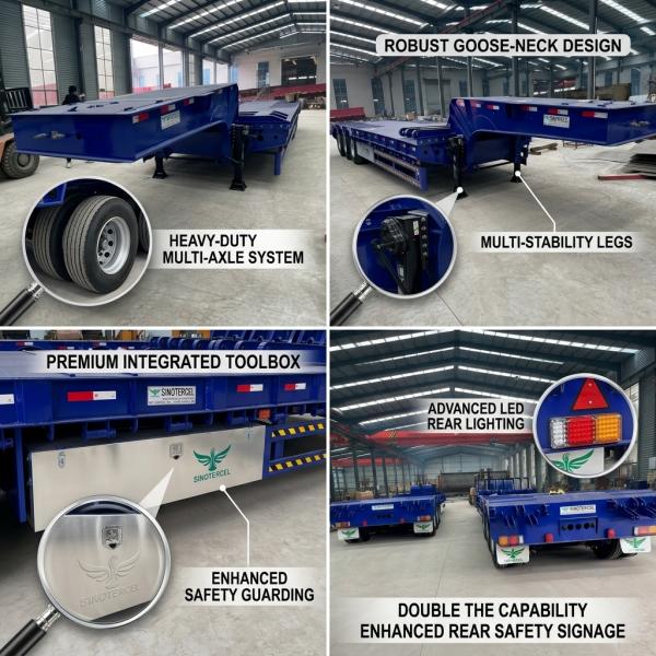 Quality 3 Axles Low Bed Semi Trailer 40-60 Tons Hydraulic Type Ladder Blue for sale