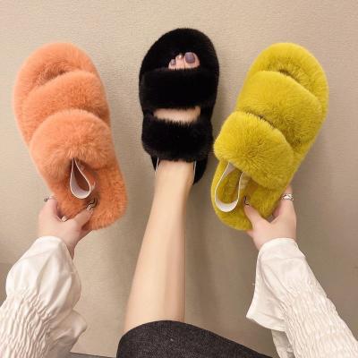 China Hot sale Women fluffy Slippers Ladies Cute Plush Sandals ladies Fur Slippers Winter Warm flat sole house shoes for sale