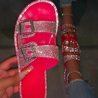 China Best price new design rhinestone beach casual shoes with buckles flat non-slip slippers footwear summer sandals women for sale