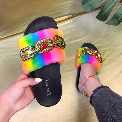 China Summer sandals women hot selling indoor and outdoor shoes Rainbow Plush Chain thick sole slide slippers wholesale for sale