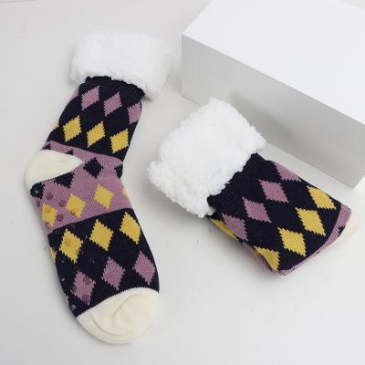China women Slipper Socks Fuzzy Thick Warm Heavy Fleece lined Winter Socks diamond pattern Stockings For ladies sherpa socks for sale