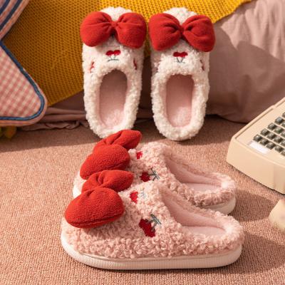 China Winter European and American large size house indoor slipper flat fashion causal fluffy bow women home shoes for sale