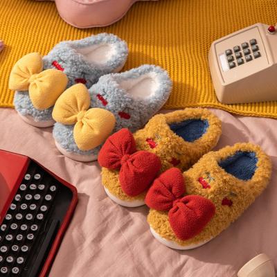 China Wholesale 2021 New Design Female Bow Home Indoor Slippers Women Plush Warm Thick Bottom Anti-Slip House Shoes for sale