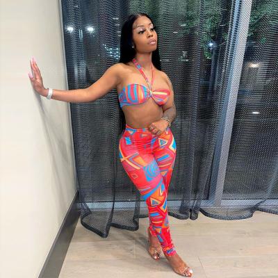 China 2021 new summer sexy halter tops 2 pieces women yoga set with long pant casual printed sportswear ladies workout fitness clothes for sale