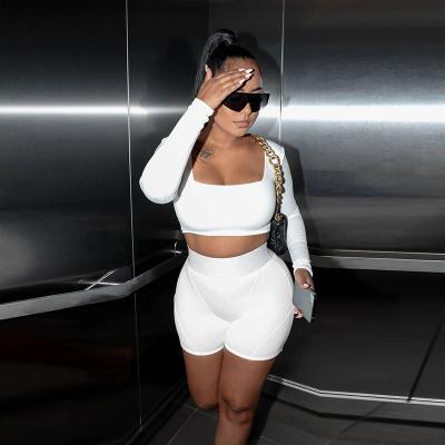 China New Women Sexy Two Piece fitness Sets Open Back Fashion Long Sleeve Top Elastic and high Waist Shorts Basic gym Tracksuit for sale