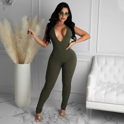 China new design Women's New Sexy V-neck Jumpsuit Female Casual Solid color sleeveless sportswear skinny workout fitness clothes for sale