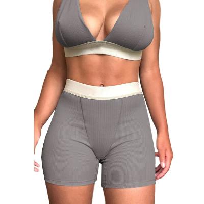 China 2 Piece Elastic V-collar Crop Top High Waist sports set Woman Sportswear Fitness Shorts Set for sale
