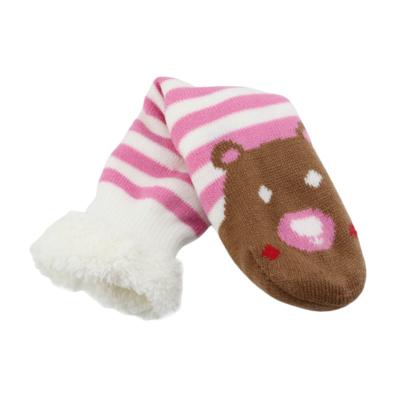 China faux fur lined women winter house socks lovely pink stripe cute bear warm indoor socks for sale