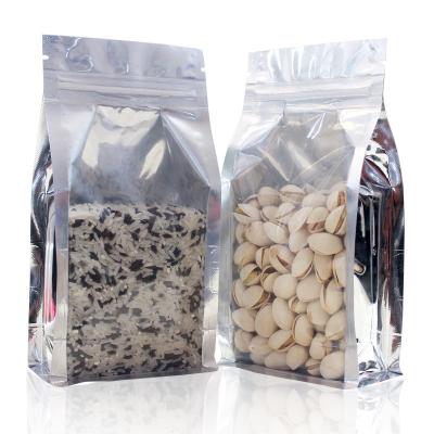 China Clear front-Silver back one side clear aluminum foil side gusset Silver Metalized with k Quad flat bottom bag for sale