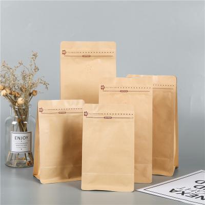 China Food Grade kraft paper stand up coffee bag with valve and flat bottom aluminum foil inside and zipper top for sale