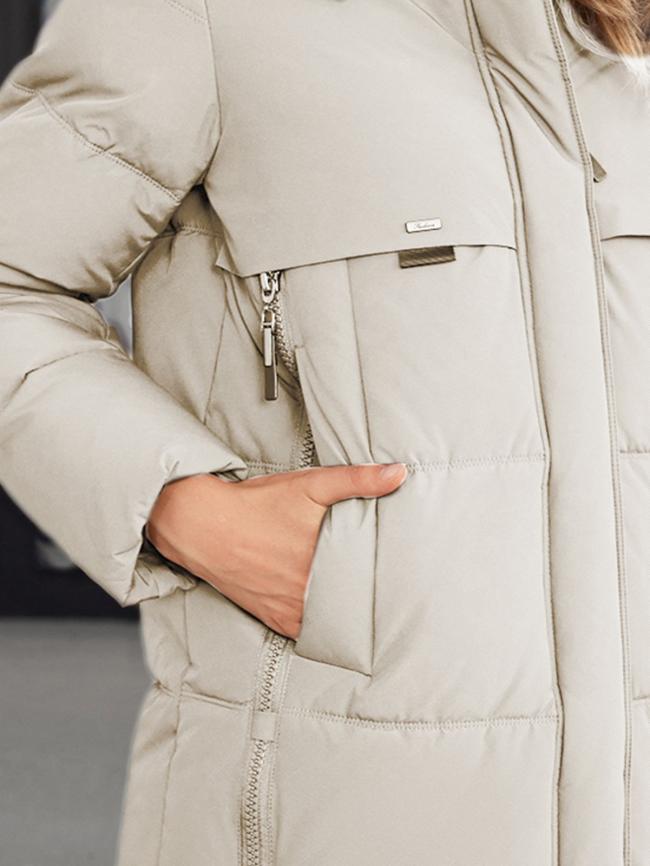 Classic Four Pocket Mid-Length Thickened Down Jacket, machine washable, woman winter coat, down jacket, bio down jacket, dark colour，bio fluff coat